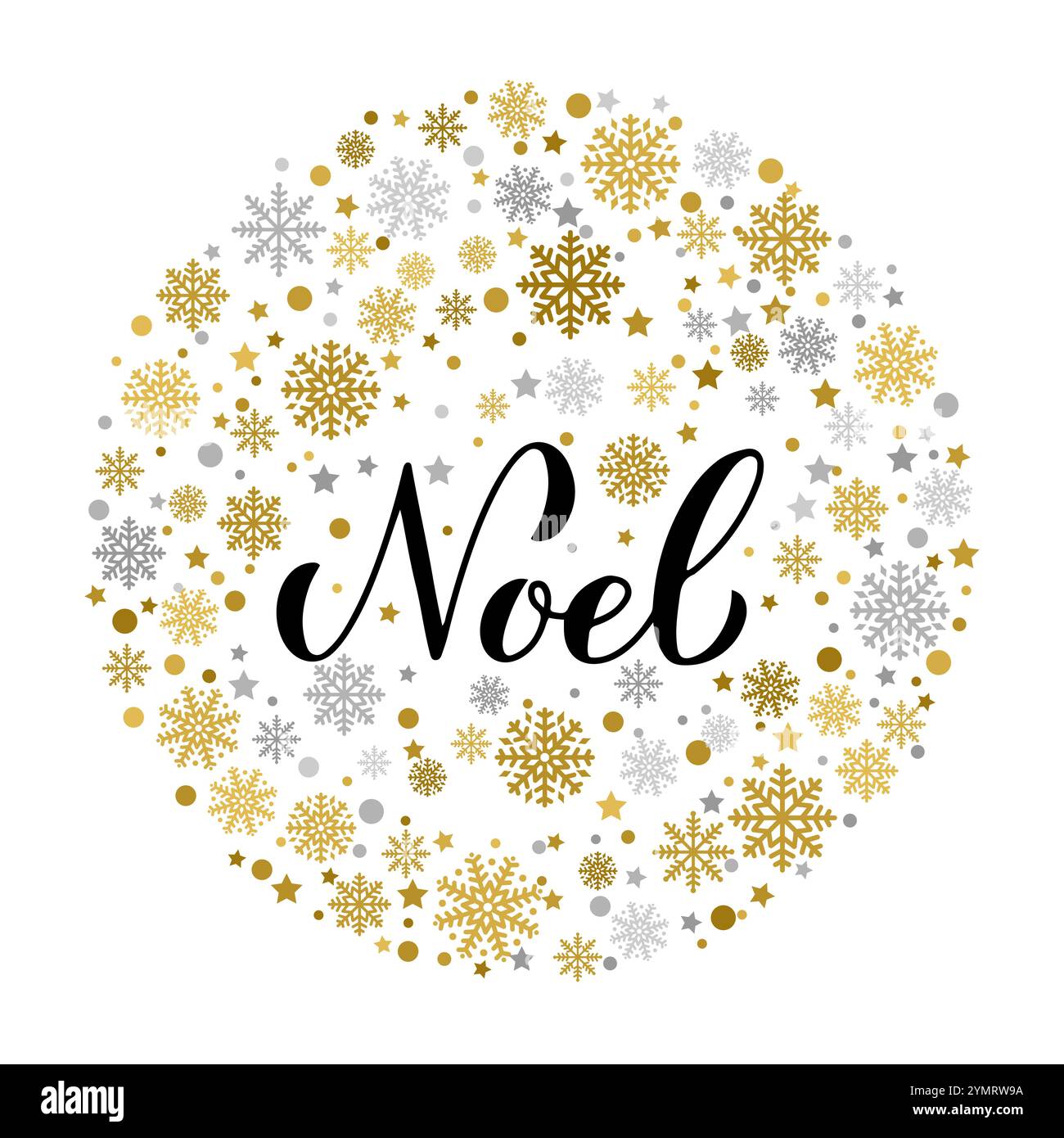 Noel calligraphy hand lettering with gold and silver snowflakes, stars ...