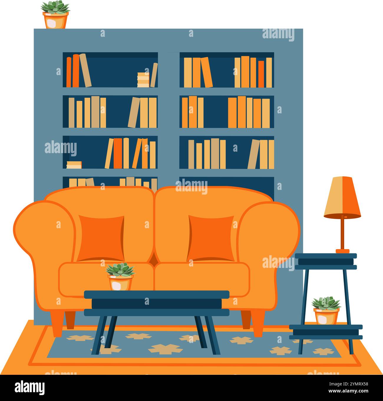 Interior design with couch, table, bad table, bookshelf with books ...