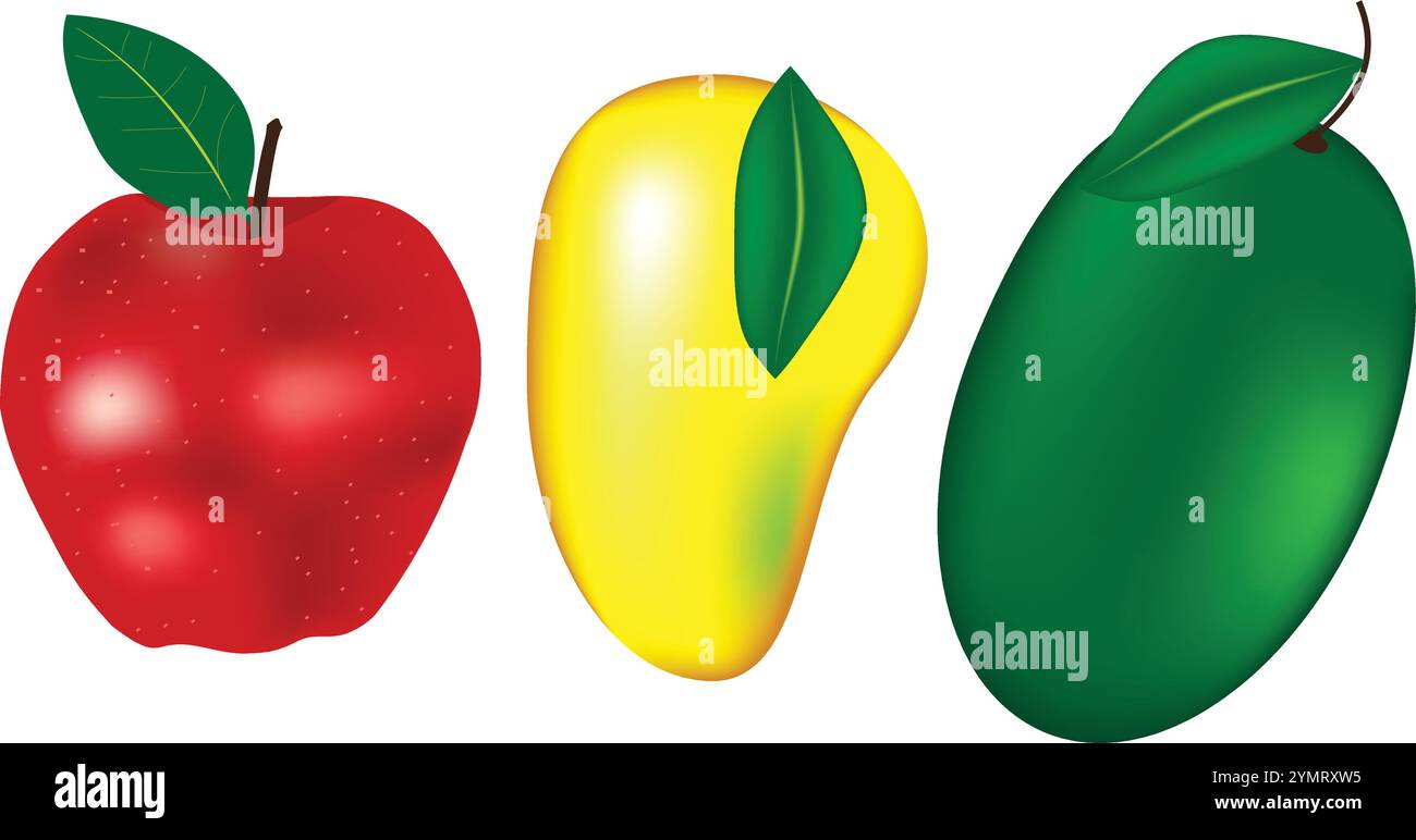 Red apple and two green and yellow mangoes vector isolated on white ...