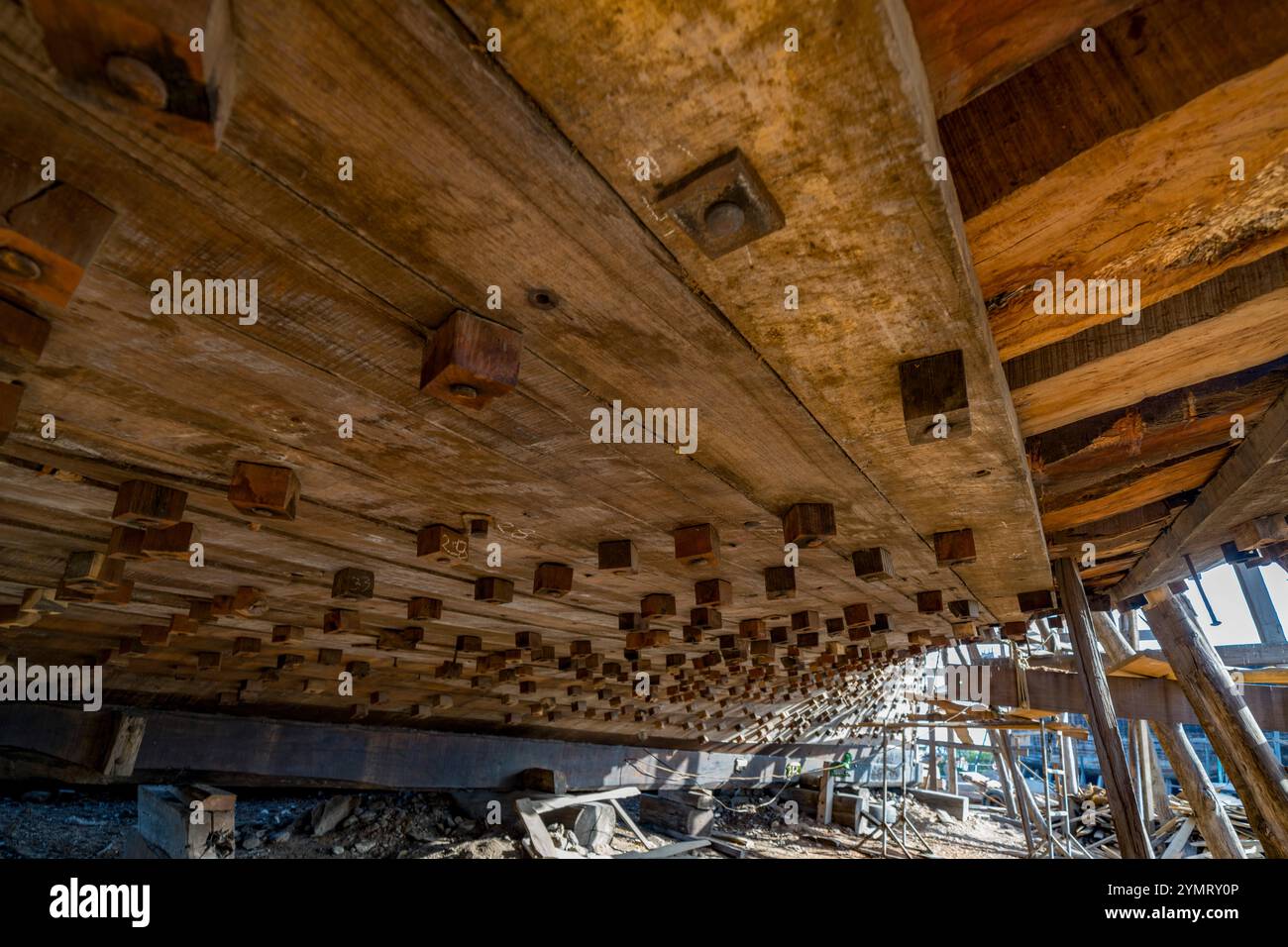 Close up view of wooden hull during construction, showcasing ...