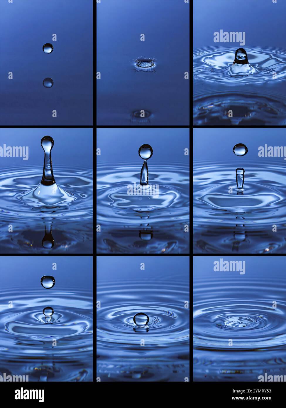 Nine sequential images showing the evolution of a drop of water ...