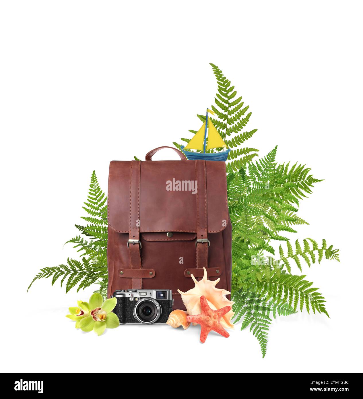 Leather backpack, sea stars, seashells, camera, toy sailboat, tropical ...