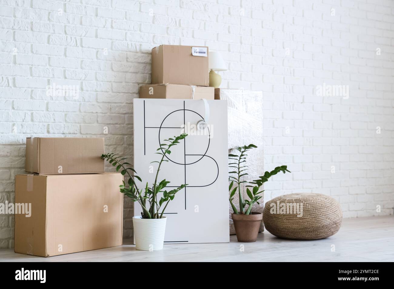 Cardboard boxes with poster and plants near white brick wall in room ...