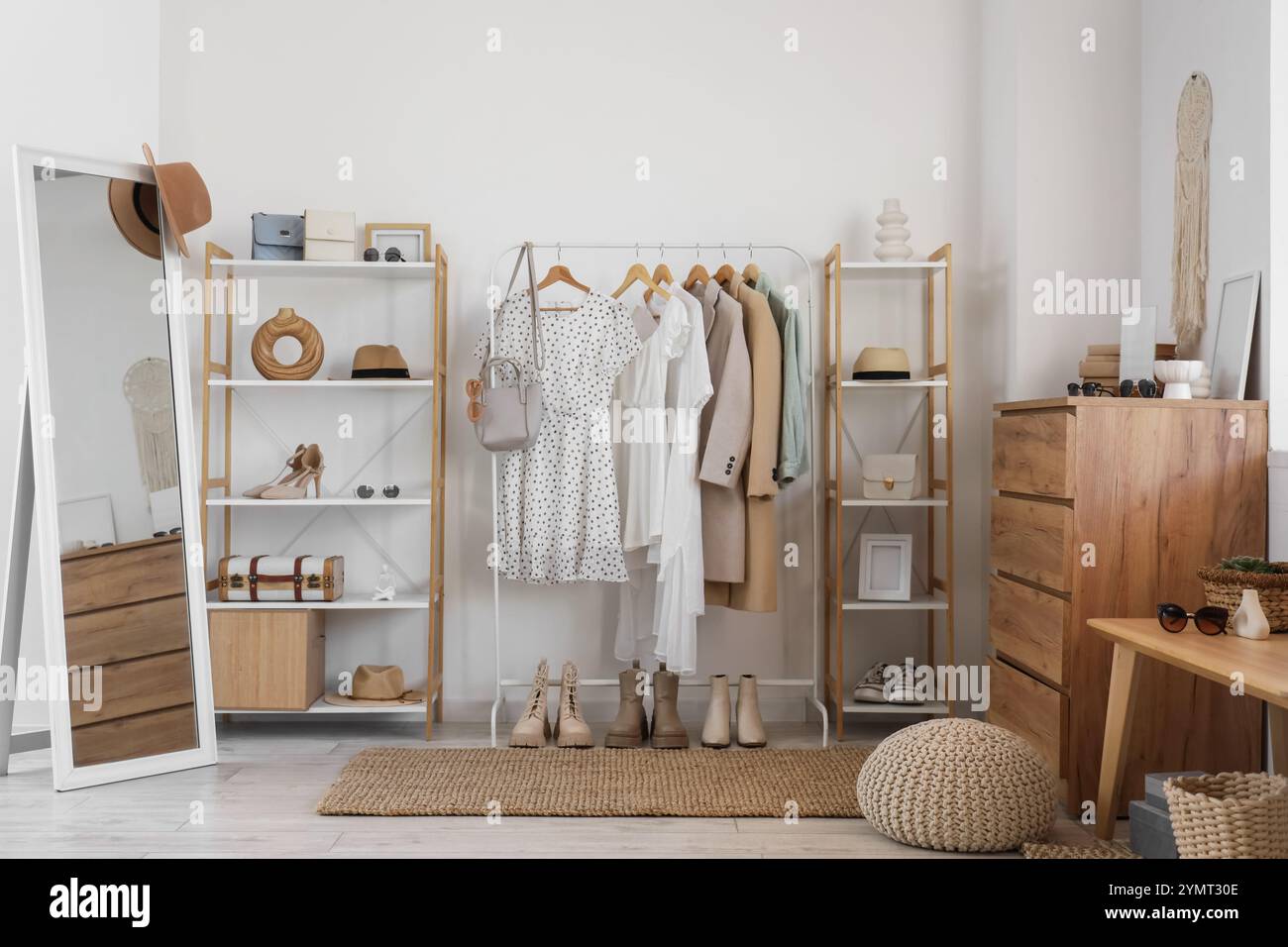 Interior of dressing room with clothes rack, shelf units and drawers ...