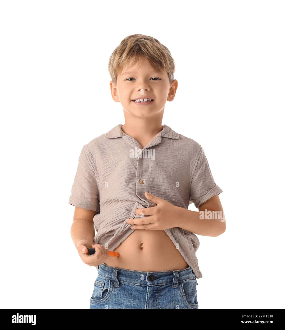 Little diabetic boy using lancet pen on white background Stock Photo ...