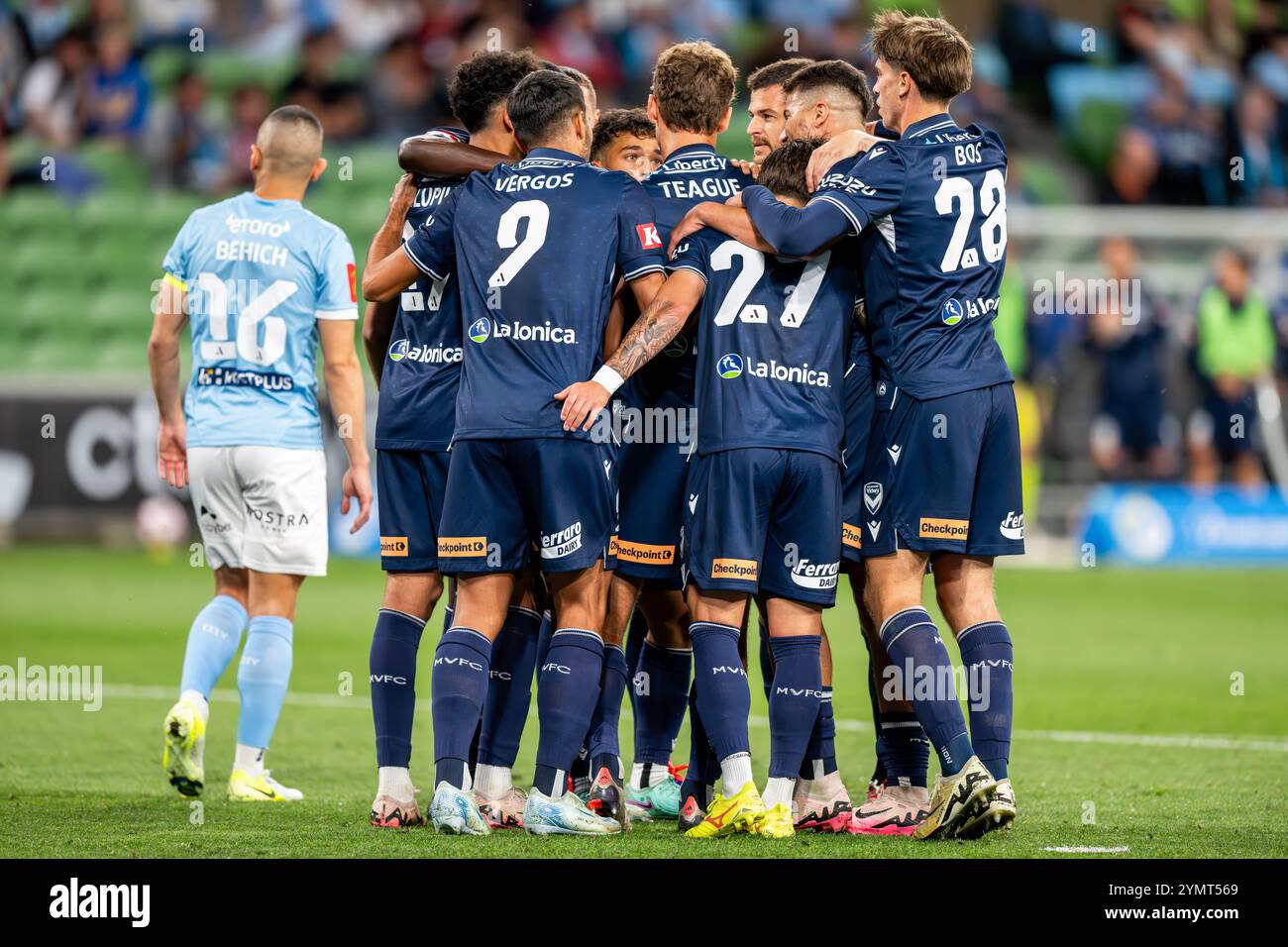 Melbourne Victory team celebrates a goal in the round 2 during the Men ...