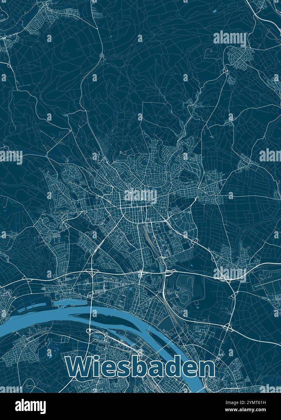 A detailed map of Wiesbaden, Germany, rendered in a minimalist style ...