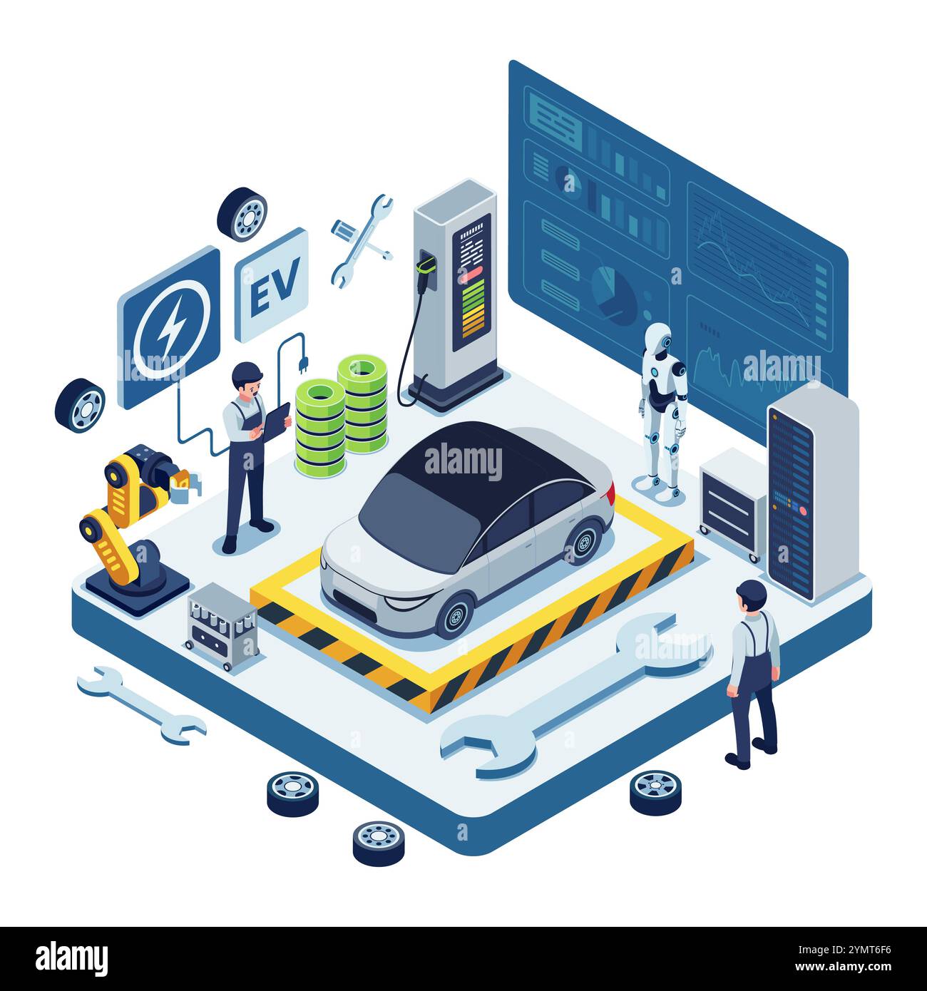 Isometric Electric Vehicle Maintenance with AI and Robotics. Electric ...