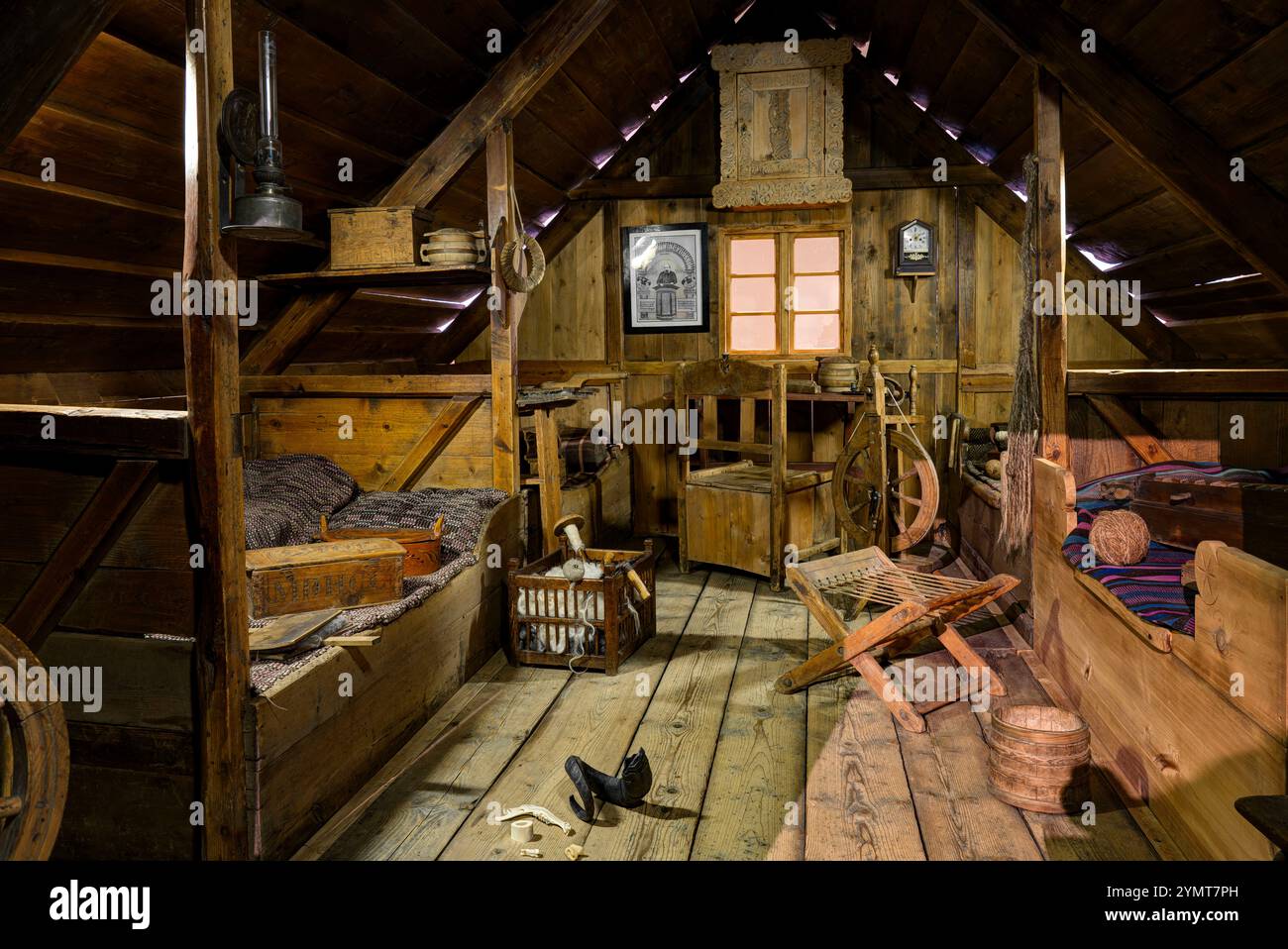 Living room and bedroom in traditional Icelandic turf house (Baðstofa ...