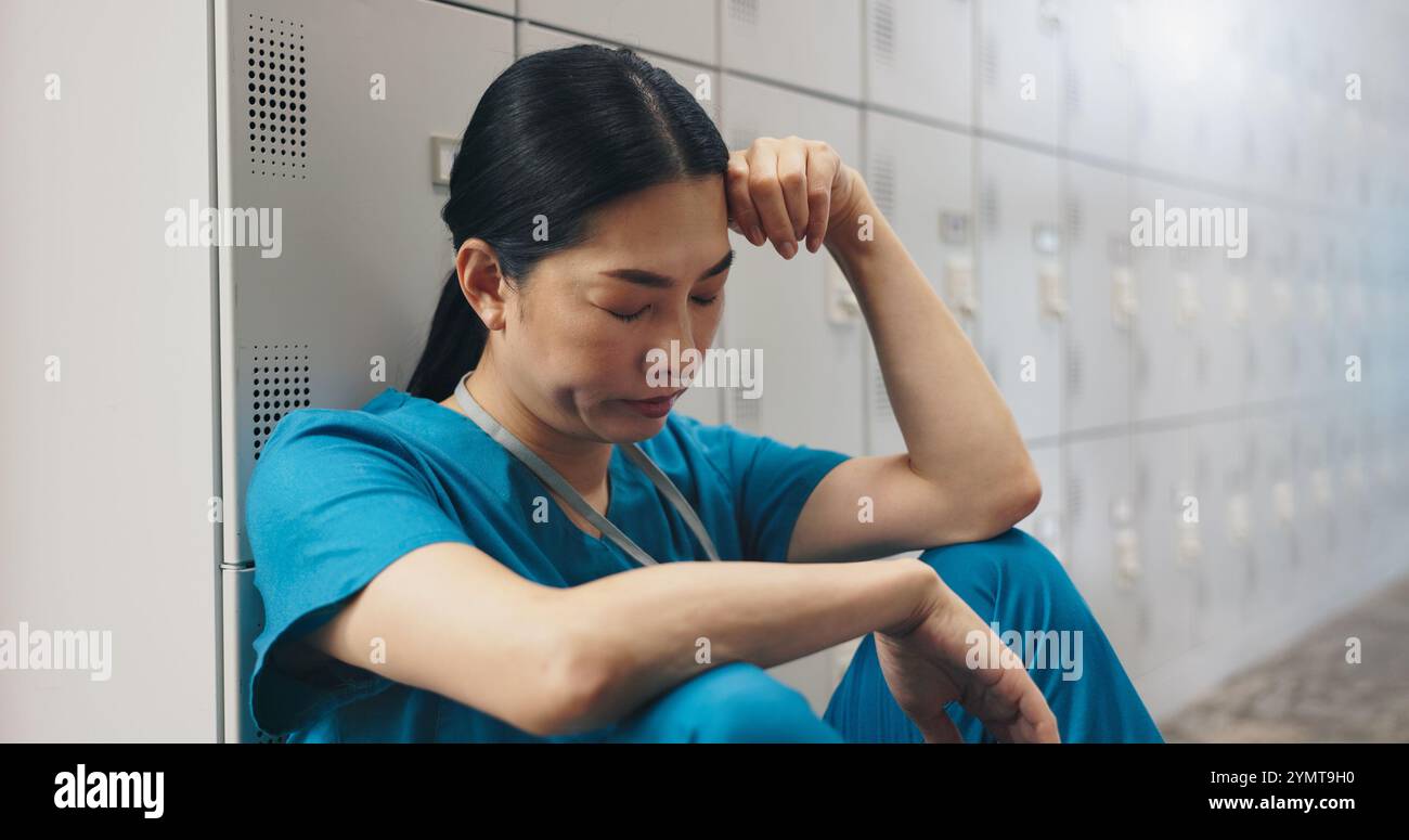 Tired, woman and surgeon with headache in hospital of healthcare stress, medical mistake and ...