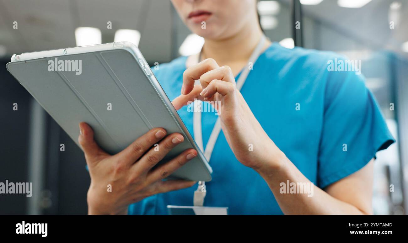 Hands, woman and nurse with tablet at hospital of surgery schedule ...