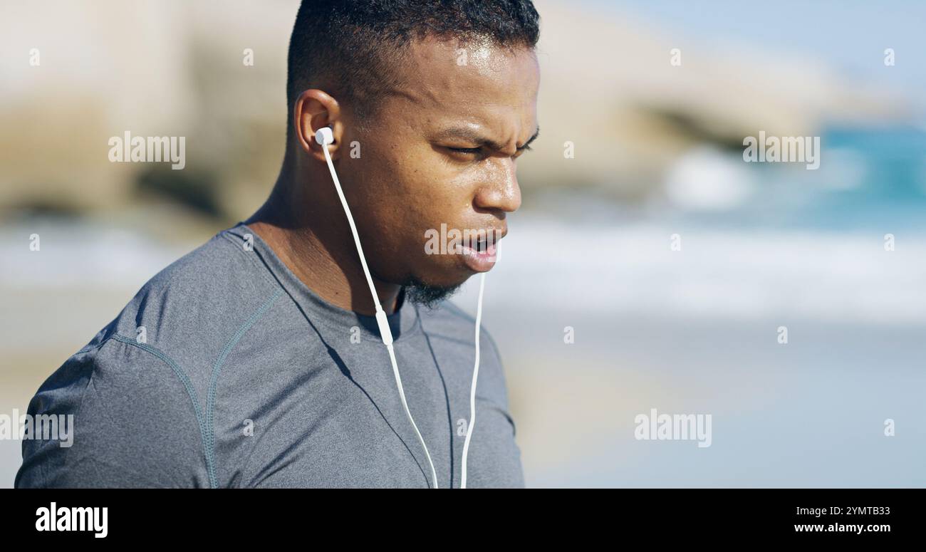 Beach, man and tired with breathing for fitness, exercise and sprinter ...