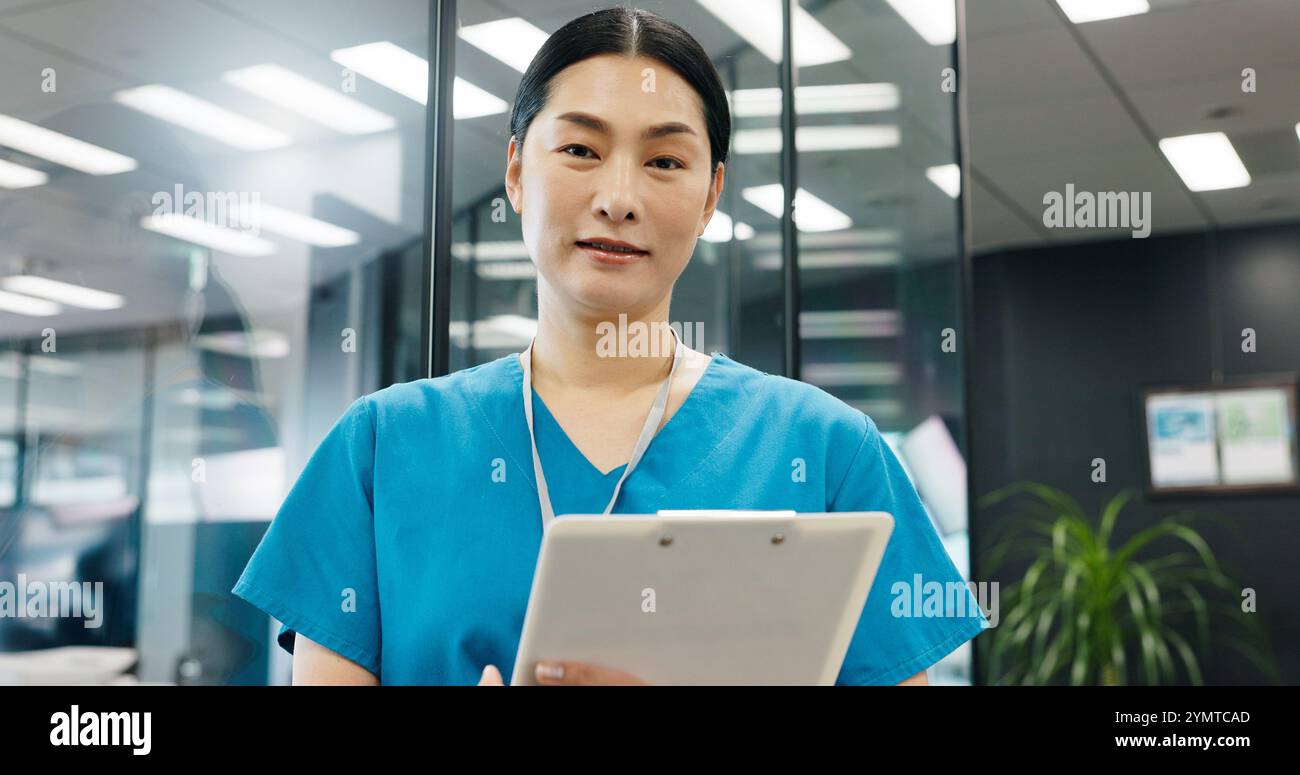 Surgeon, clipboard and portrait of Japanese woman with healthcare ...