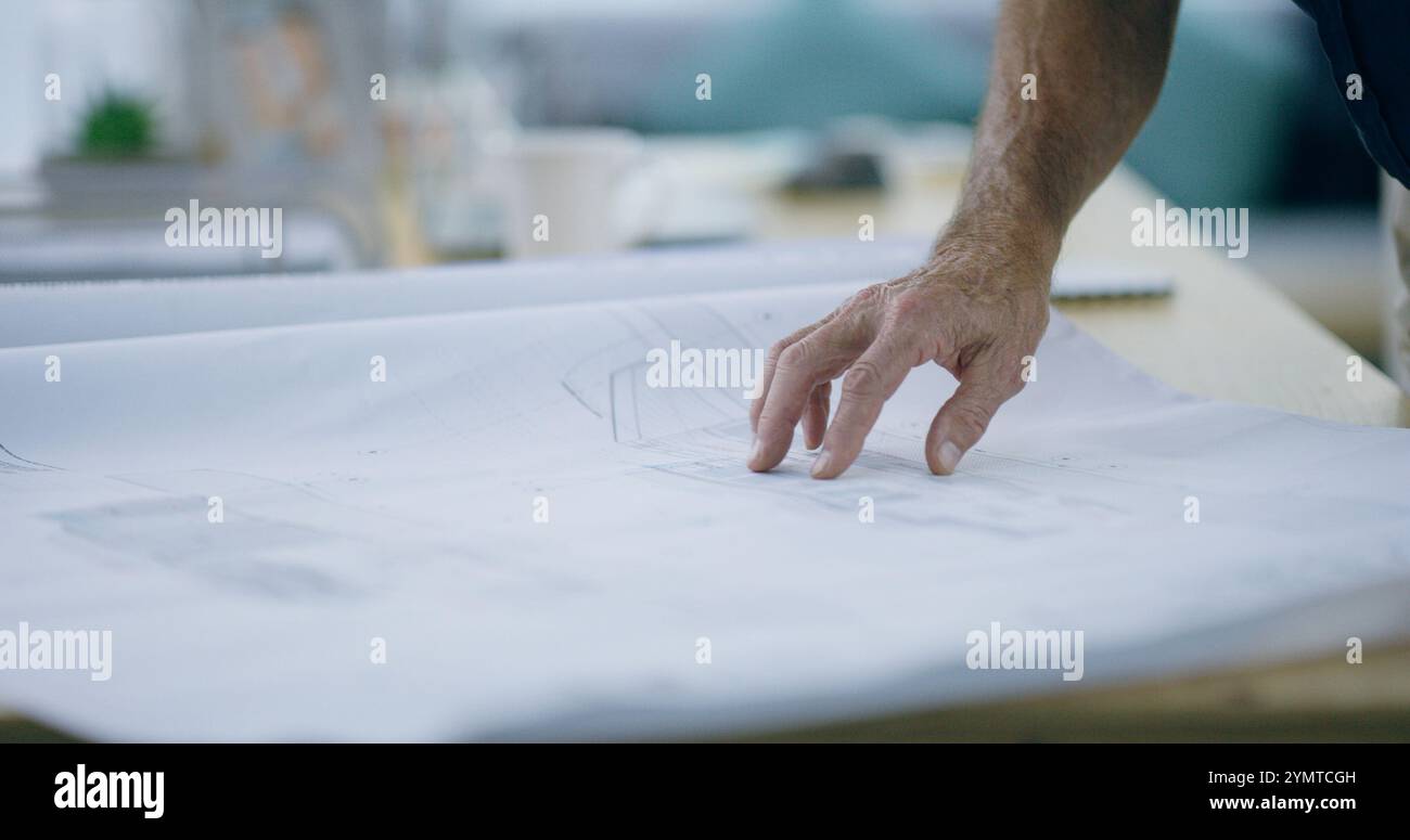 Blueprint, construction and planning with hands of person in office for ...