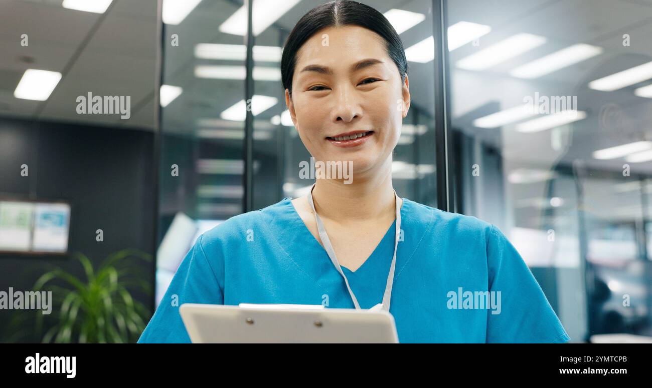 Nurse, clipboard and portrait of Japanese woman with smile, document ...