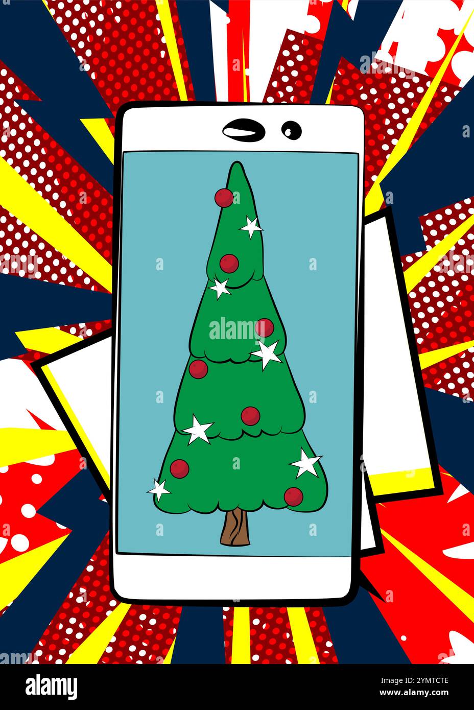 Cartoon Smartphone, comic book Telephone with Christmas decorated pine ...