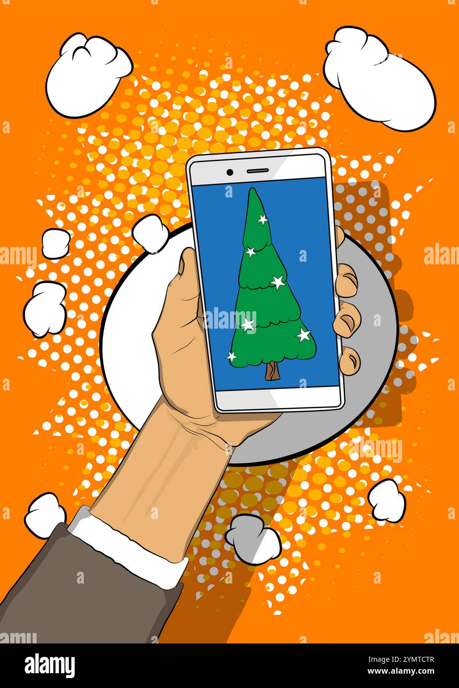 Cartoon Smartphone, comic book Telephone with Christmas decorated pine ...