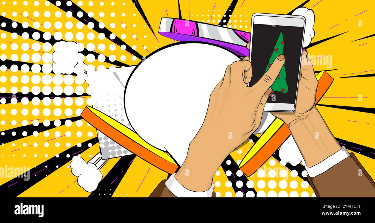 Cartoon Smartphone, comic book Telephone with Christmas decorated pine ...