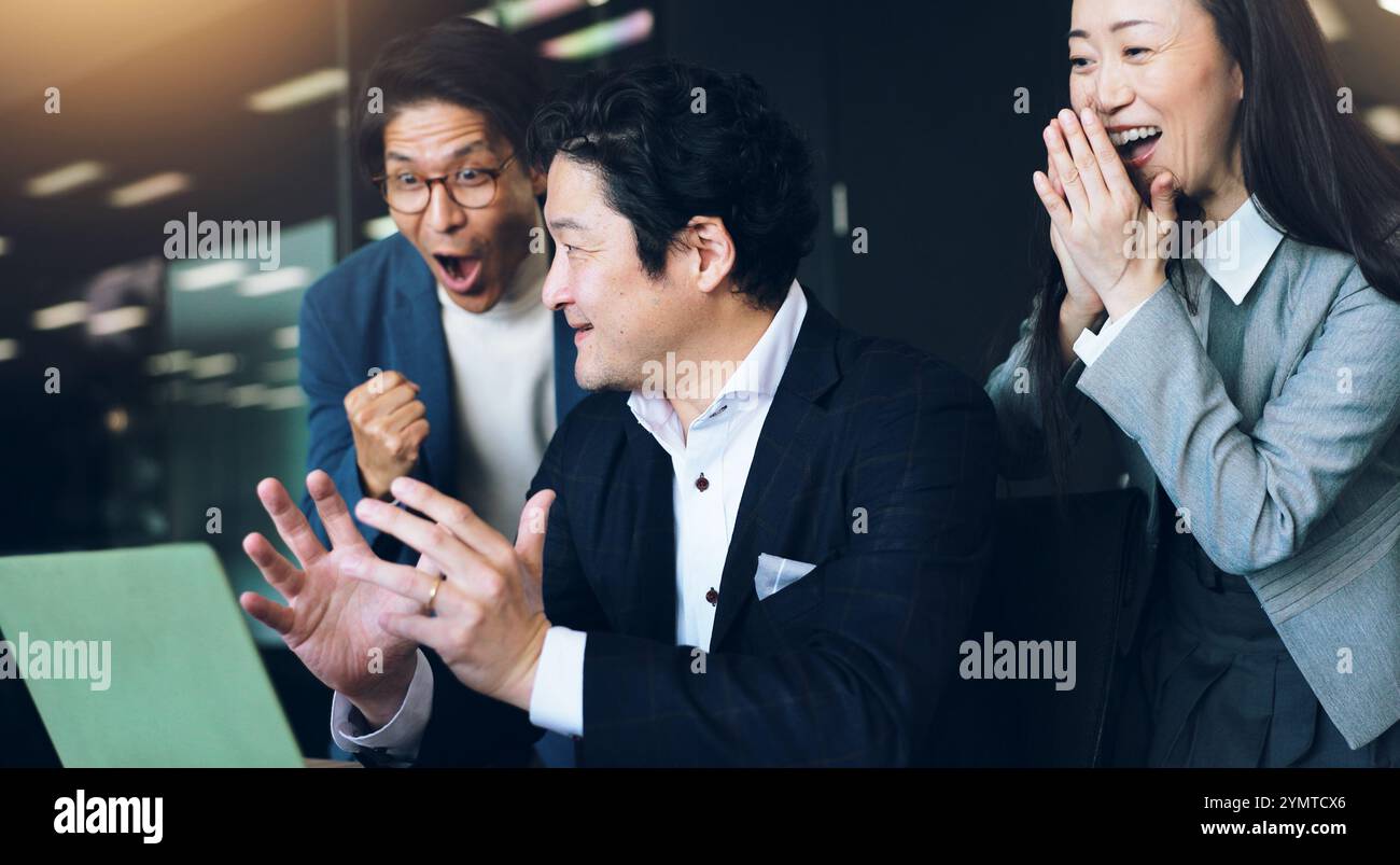 Success, applause and business people with laptop, surprise and ...