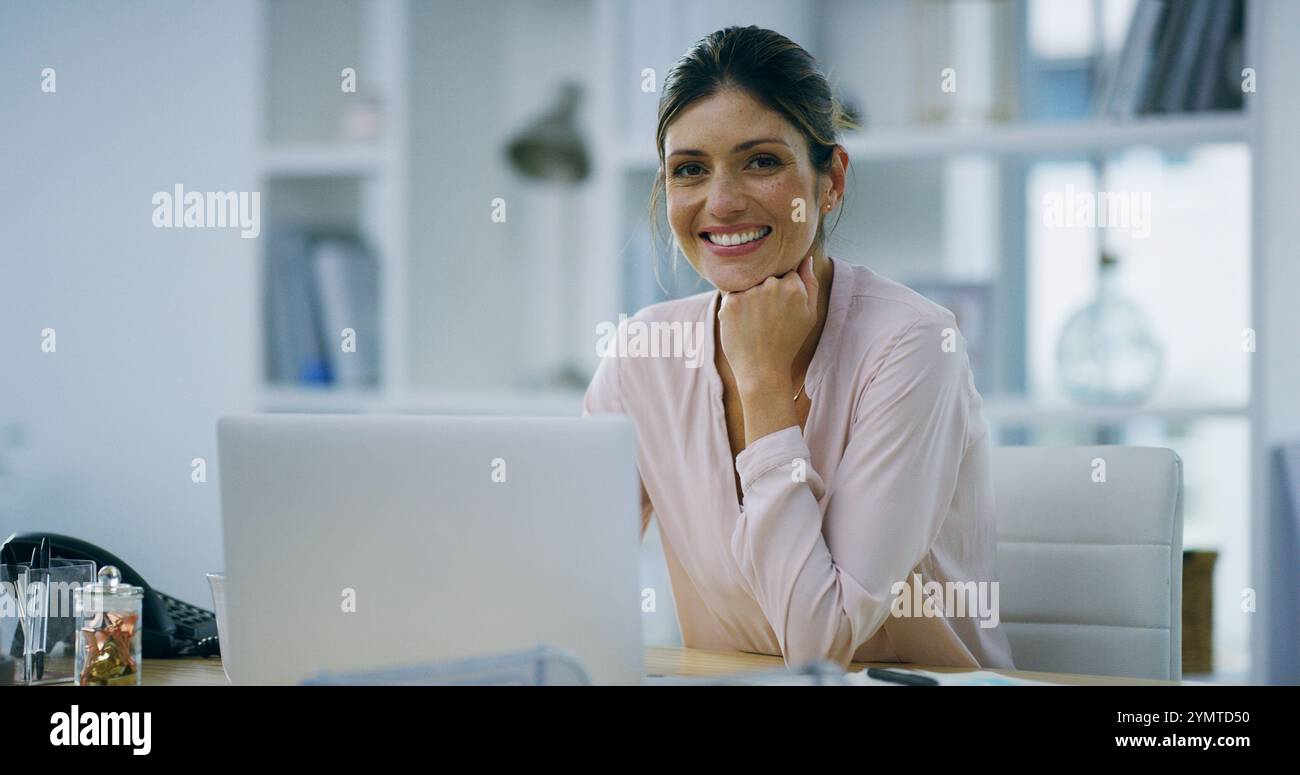 Remote work, woman and portrait with laptop in home for typing online ...