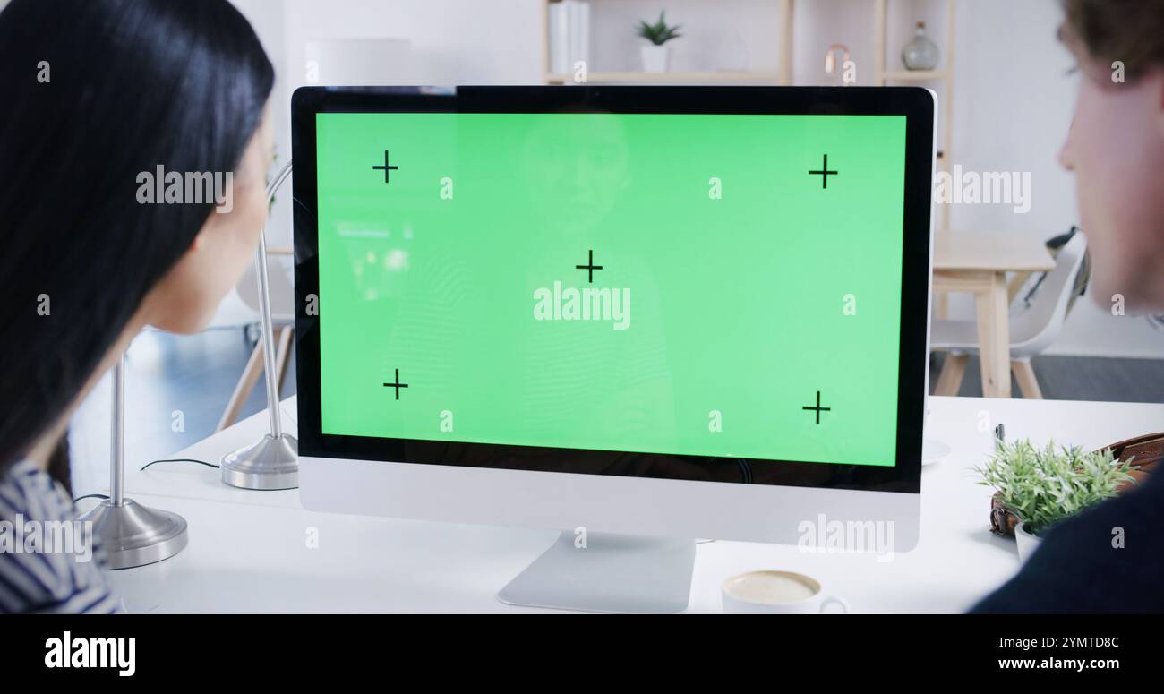 Business, people and computer with green screen in office for finance ...