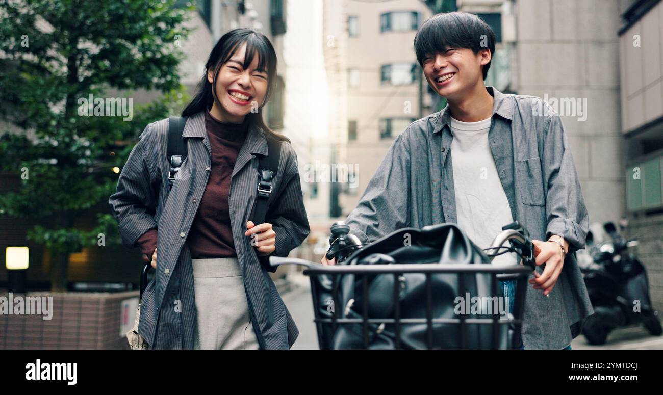 Fashion, laughing and bike with Japanese couple in city for streetwear ...