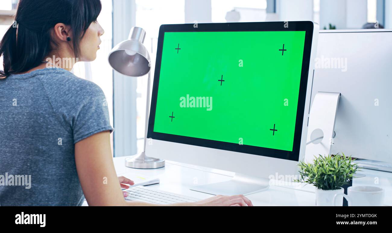 Green screen, planning and person with computer, office and copywriting ...