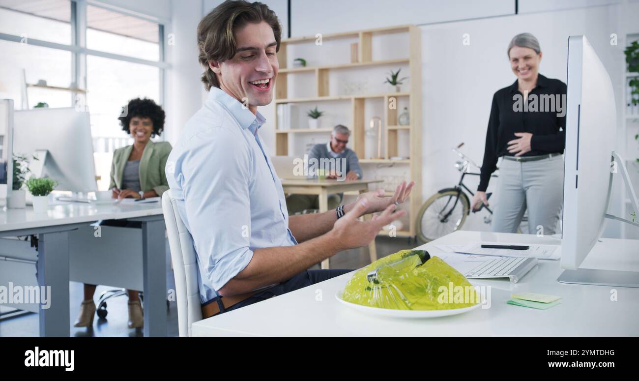 Prank, funny and jelly with business people in office for hazing ritual ...