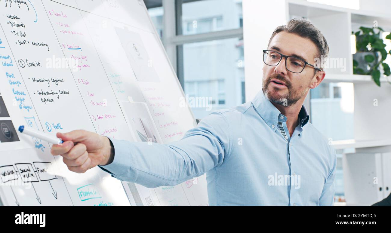 Presentation, meeting and businessman with whiteboard in office for ...