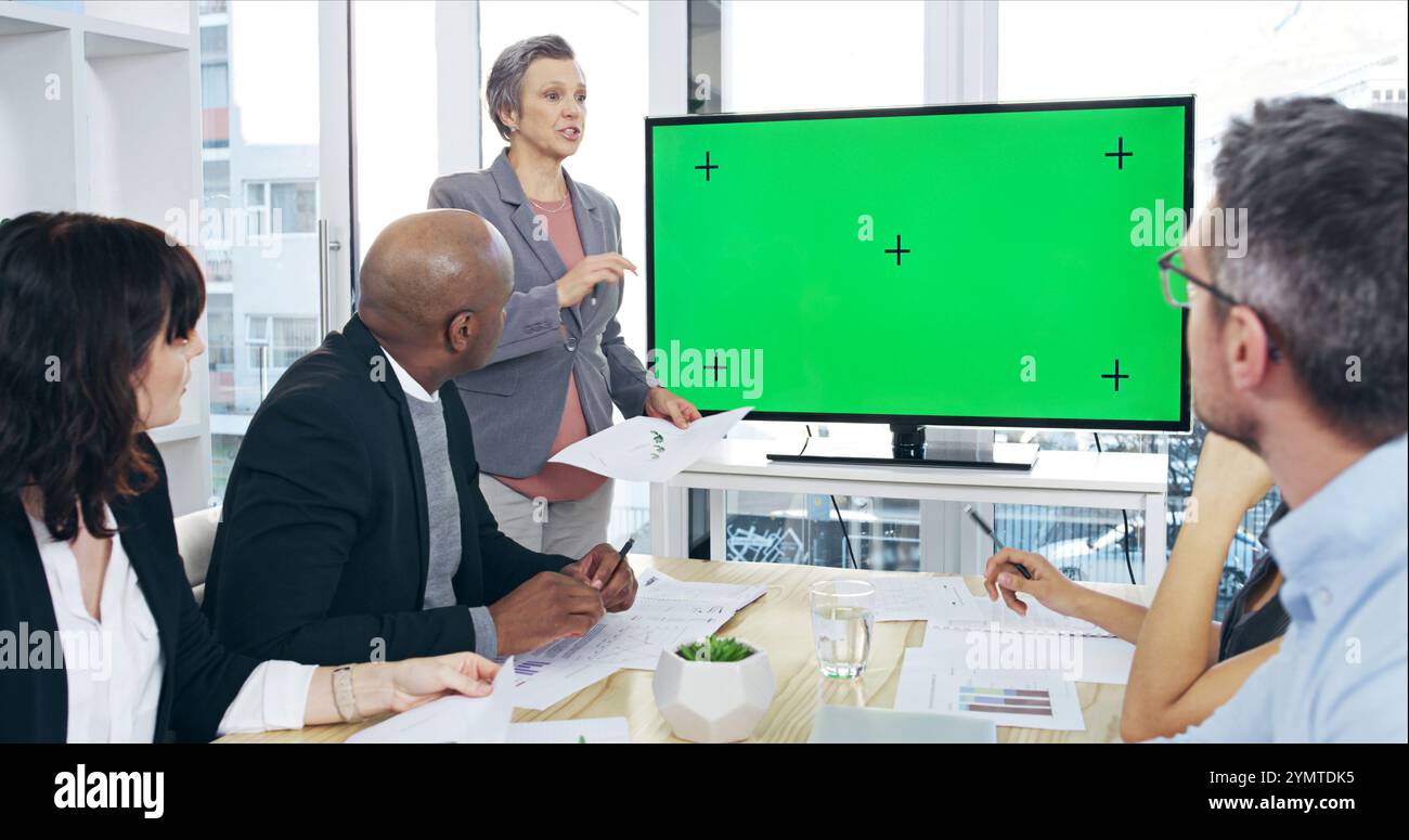 Green screen, meeting and presentation with business people in ...