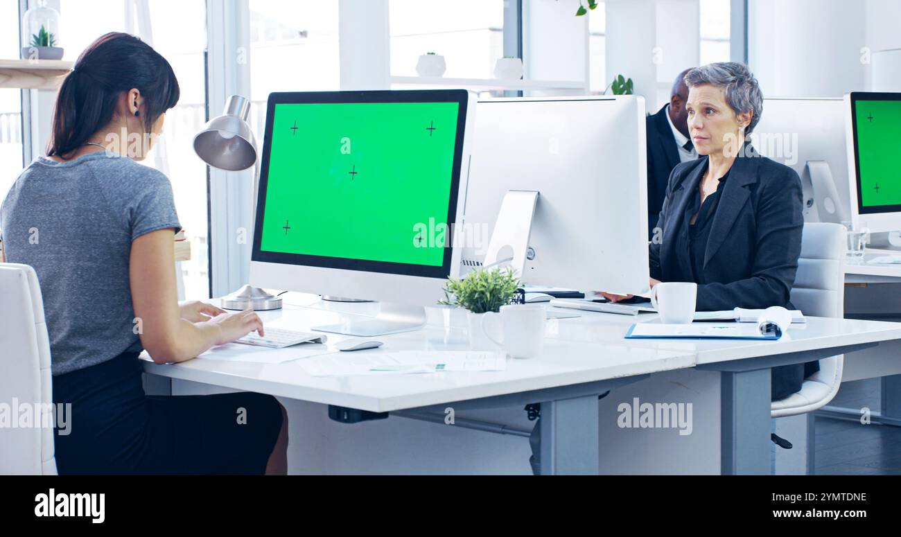 Green screen, computer and people with project, creative and ...