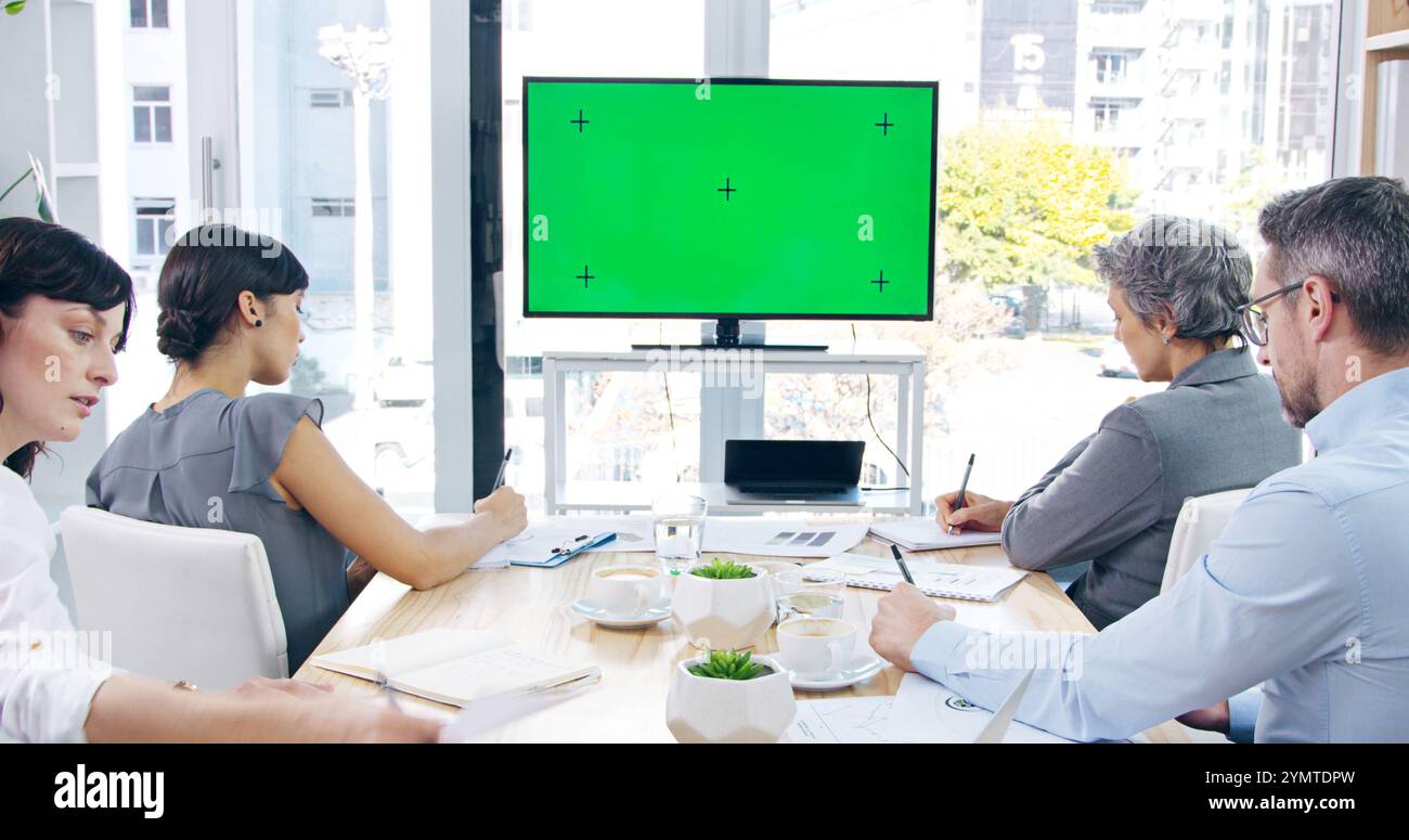 Green screen, seminar and video call with business people in boardroom ...
