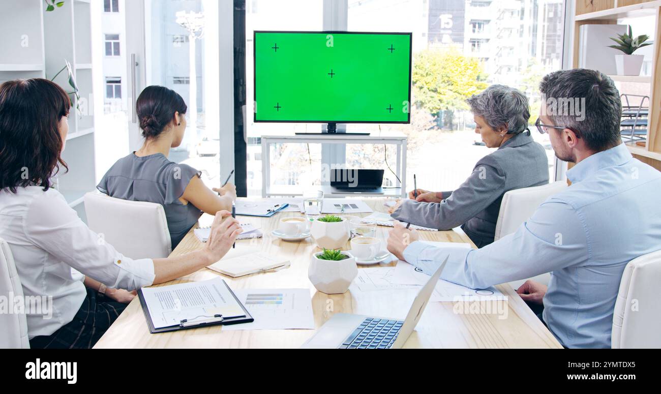 Green screen, meeting and video call with business people in boardroom ...