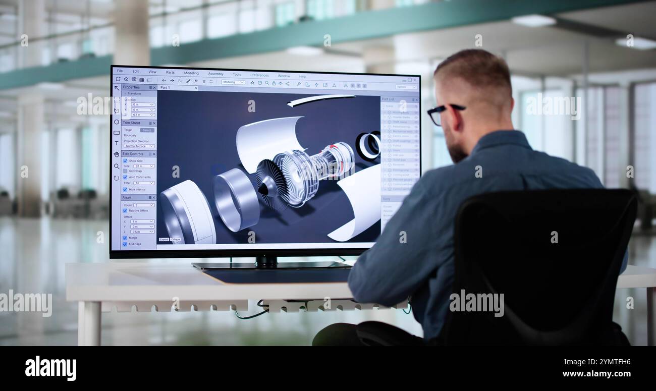 Male Engineer Developing Mechanical Parts Using 3D CAD Software On ...