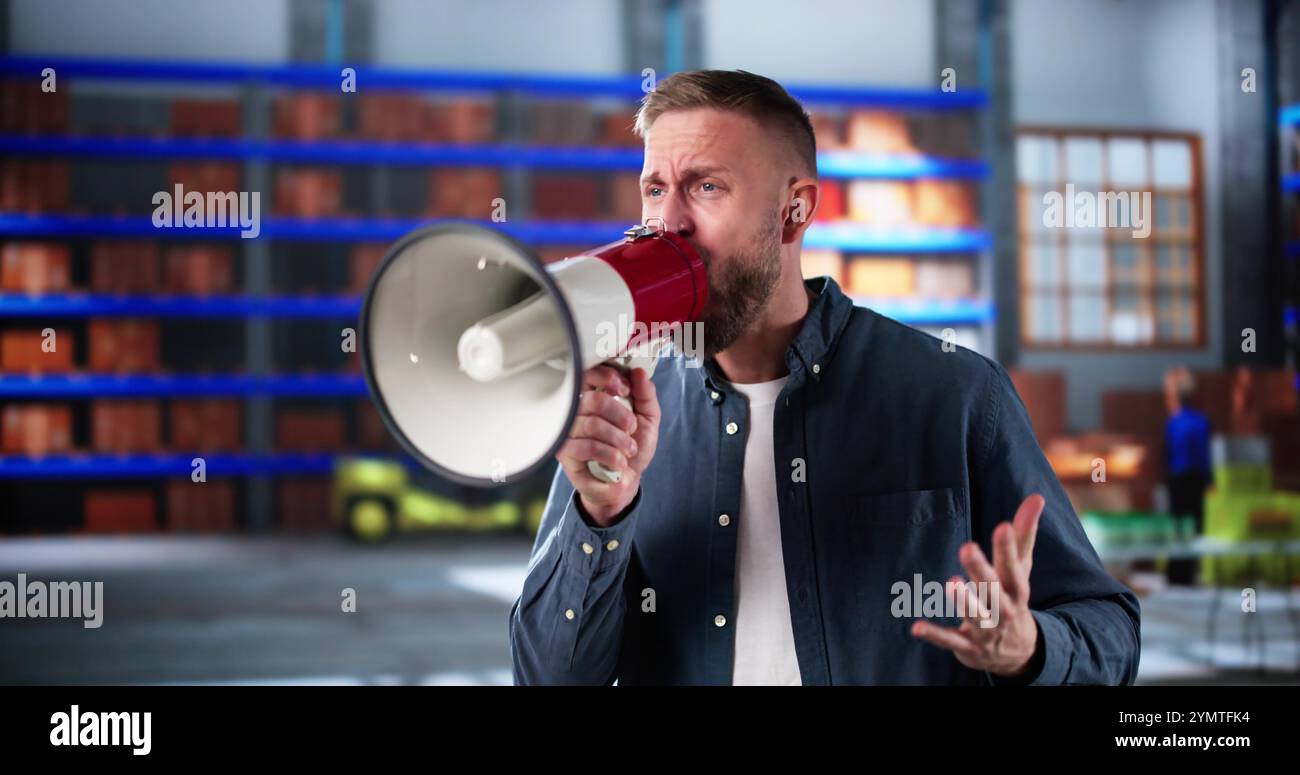 Man Making Loud Announcement Using Megaphone. Warehouse Worker Stock ...