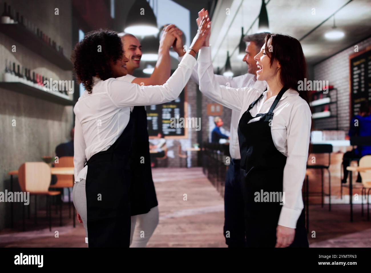 Happy Successful Store Team Giving High Five And Celebrating Stock ...