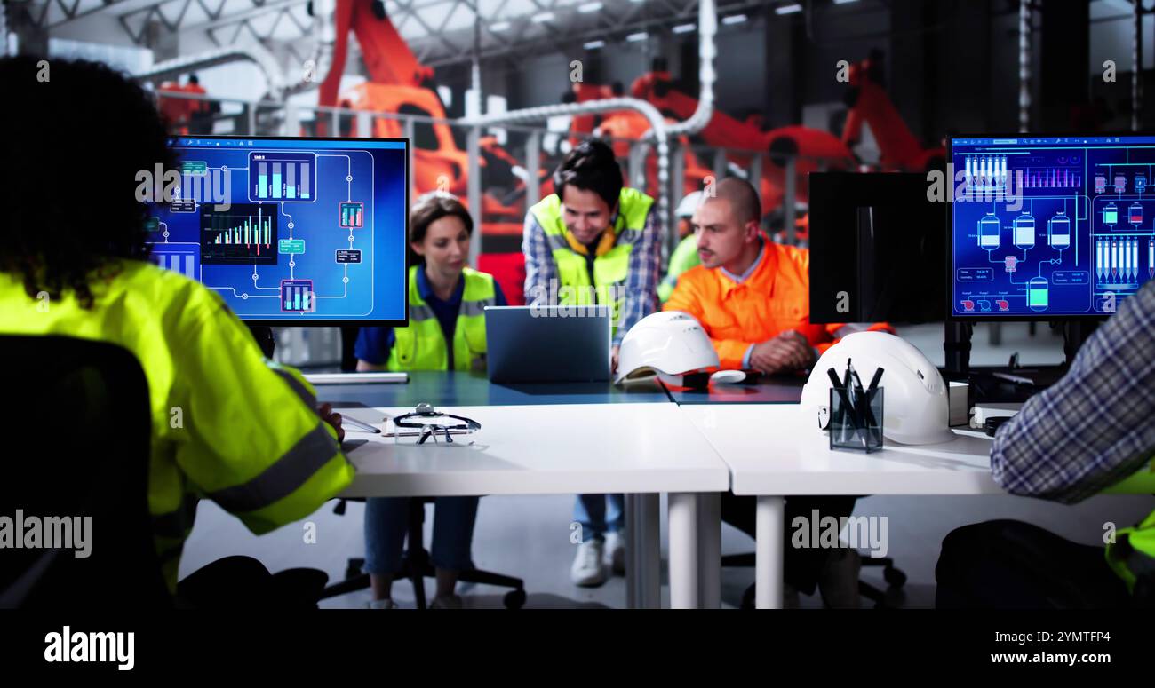 Car Factory Automation. Diverse Workers Using Control Computers Stock ...