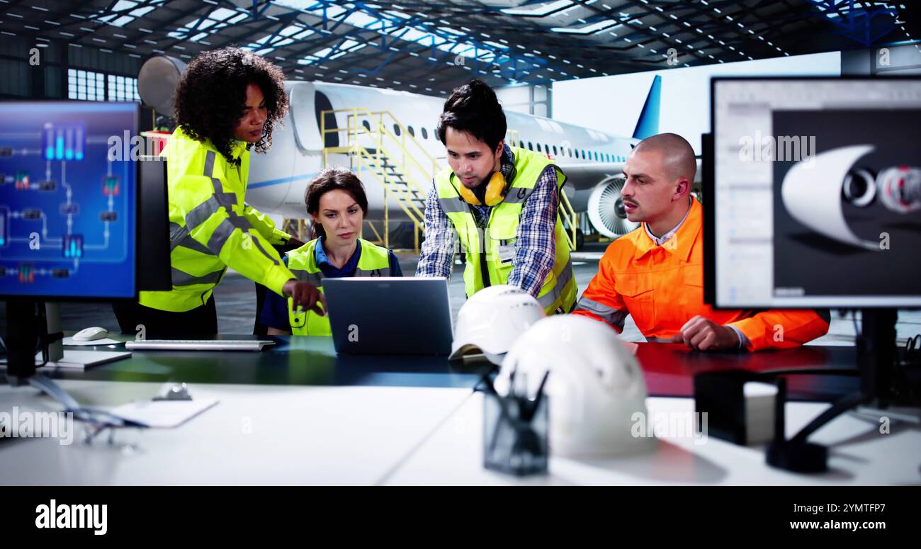 Diverse Workers Using Computers Aircraft Repair And Maintenance At ...