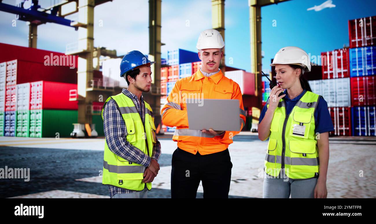 Shipping Port Worker Using Technology. Logistics Management And ...