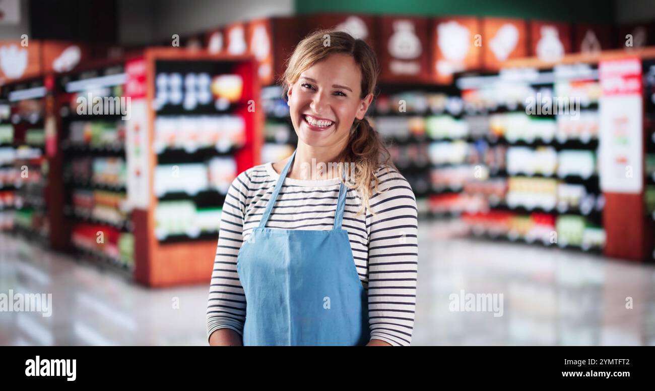 Supermarket Store Trainee Employee. Happy Woman In Grocery Shop Stock ...