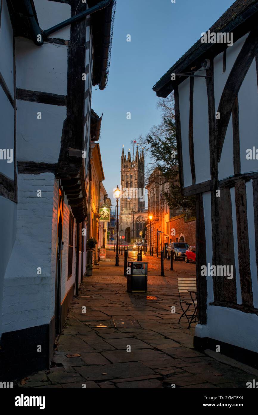 Tudor timber framed black and white medieval buildings and St Marys ...