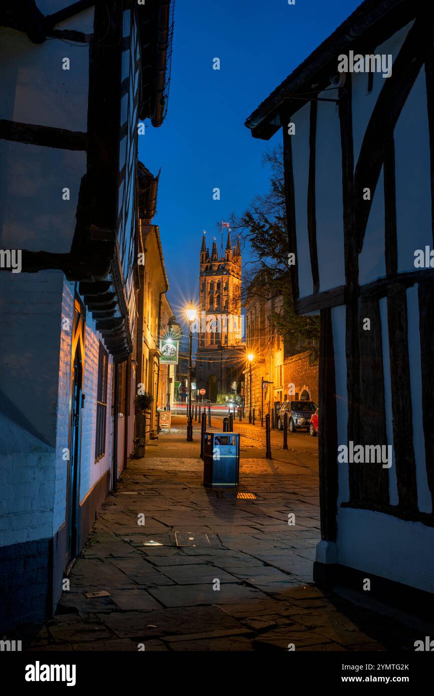 Tudor timber framed black and white medieval buildings and St Marys ...