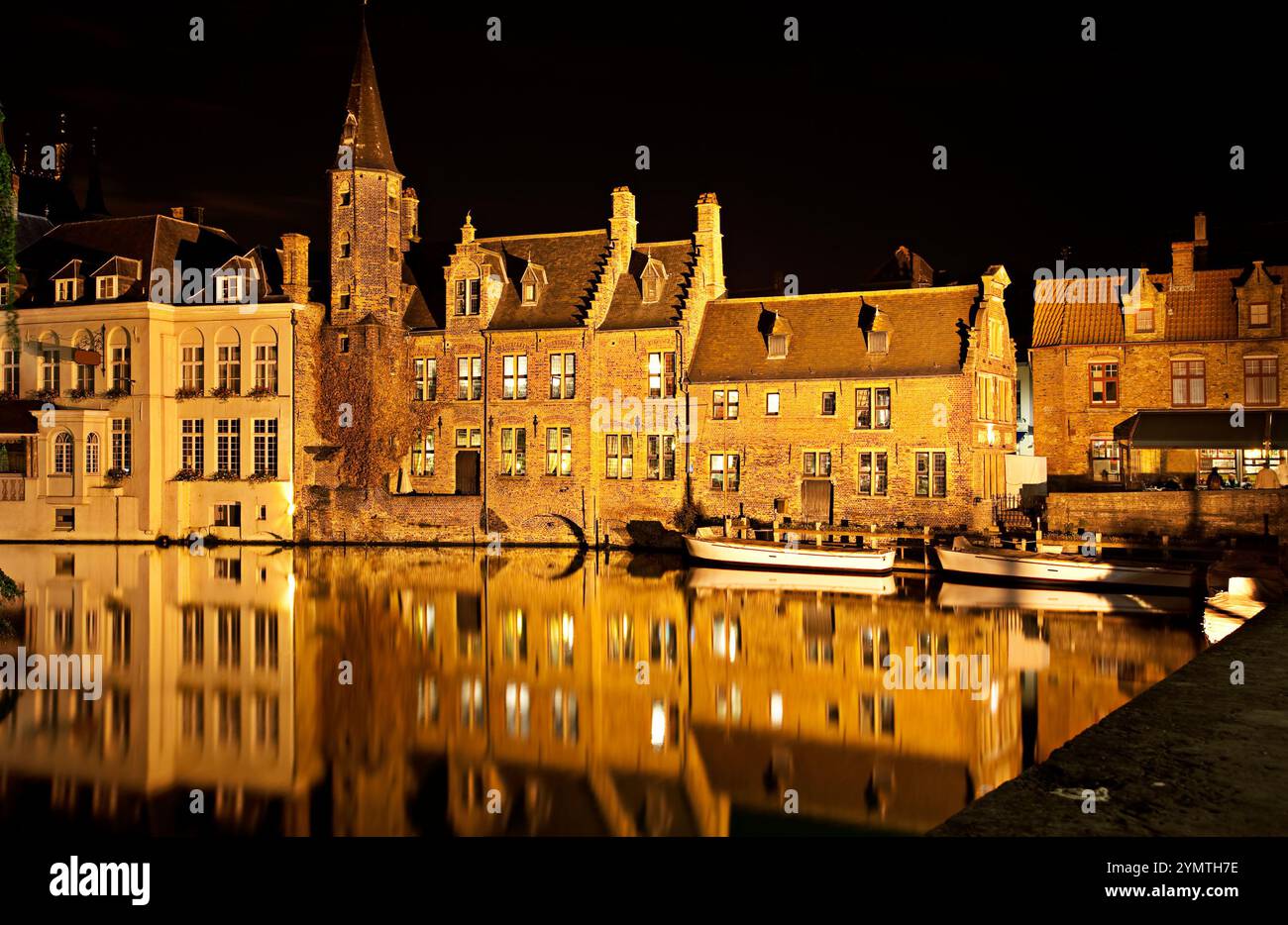 Bruges canal at night, Belgium. Horizontal shot Stock Photo - Alamy