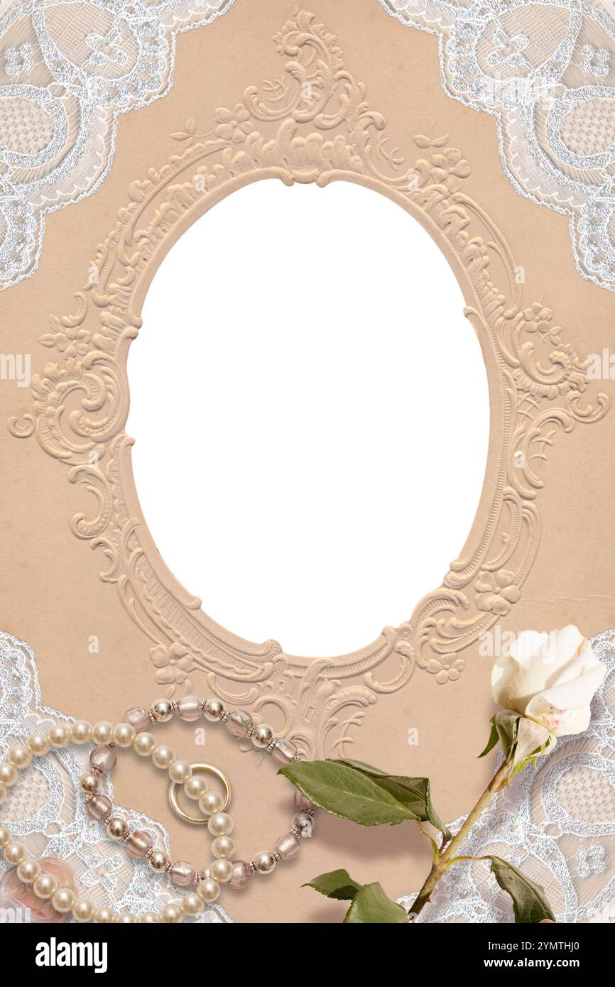 Collage with vintage photo frame, necklace and rose Stock Photo - Alamy