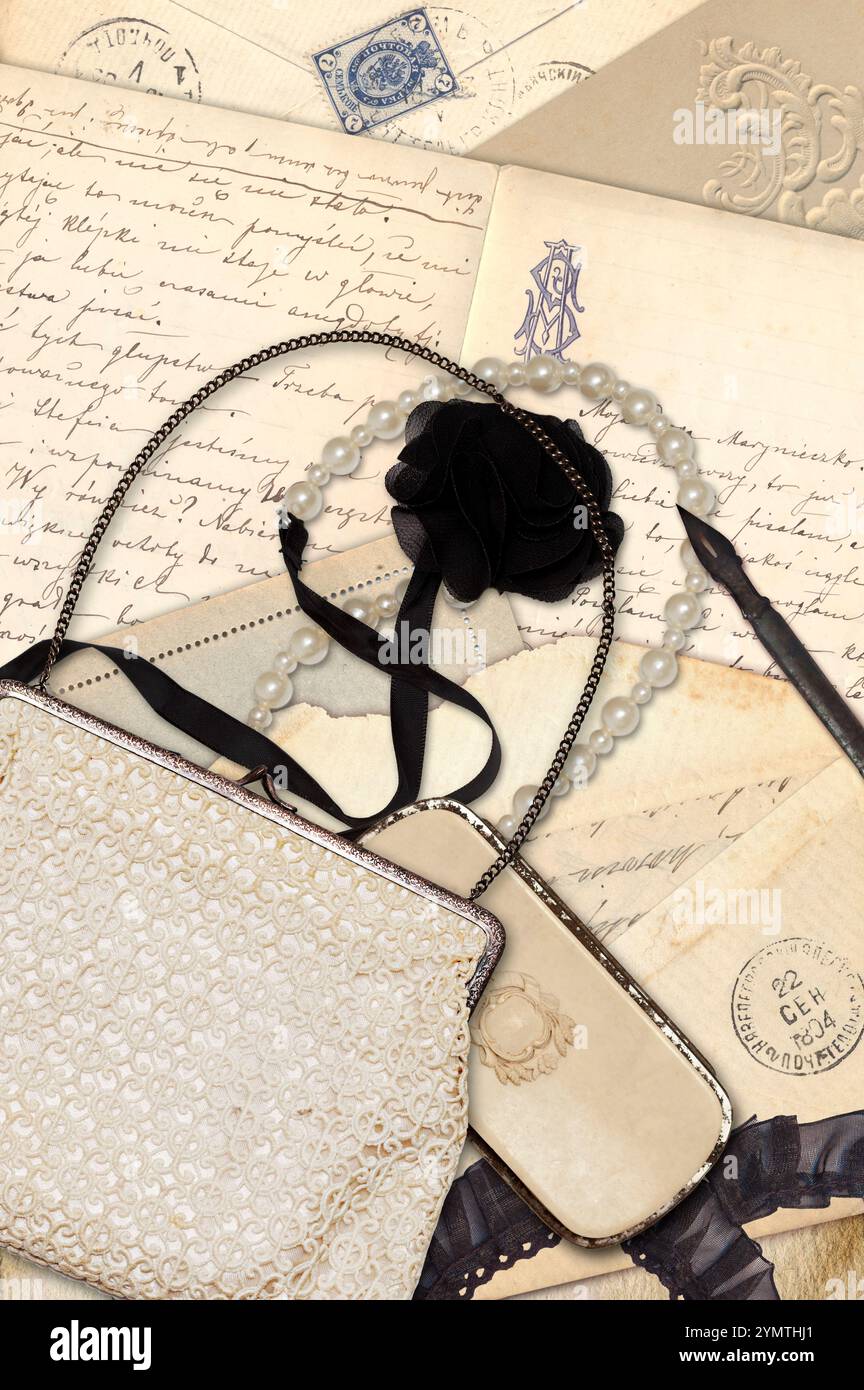 Collage with antique letters, old envelopes, reticule and necklace ...