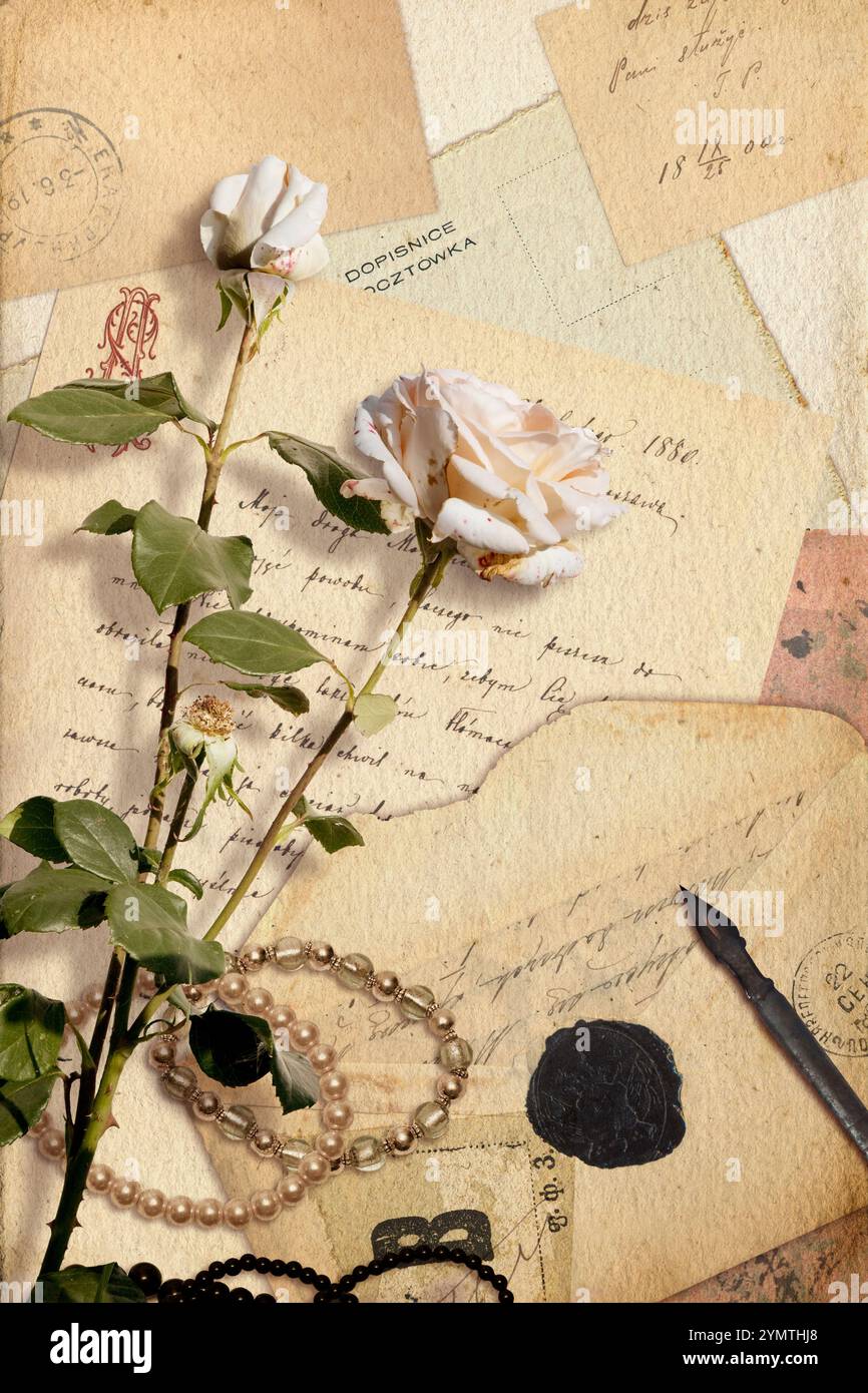 Collage with antique letters, old envelopes, necklace and rose Stock ...
