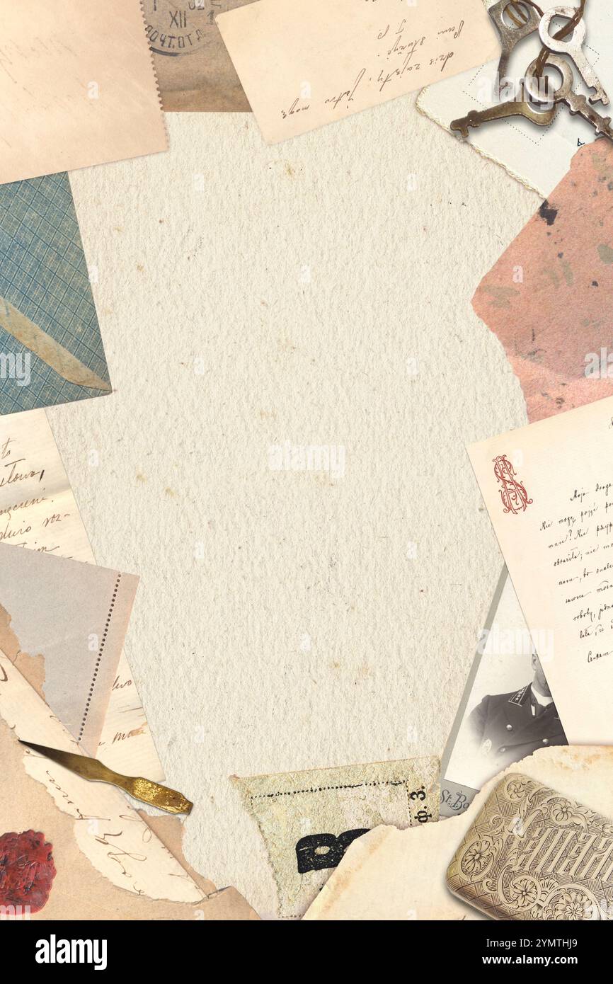 Collage with antique letters, old envelopes and key Stock Photo - Alamy