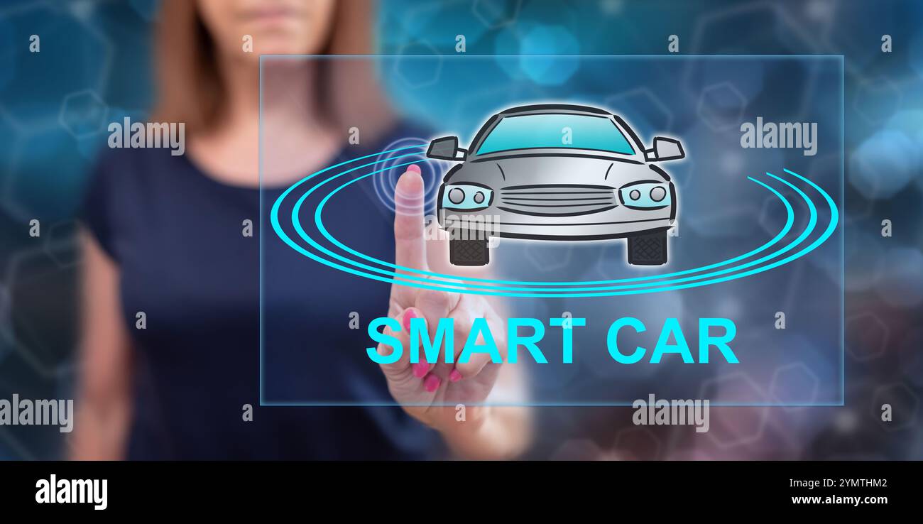Woman touching a smart car concept on a touch screen with her finger ...
