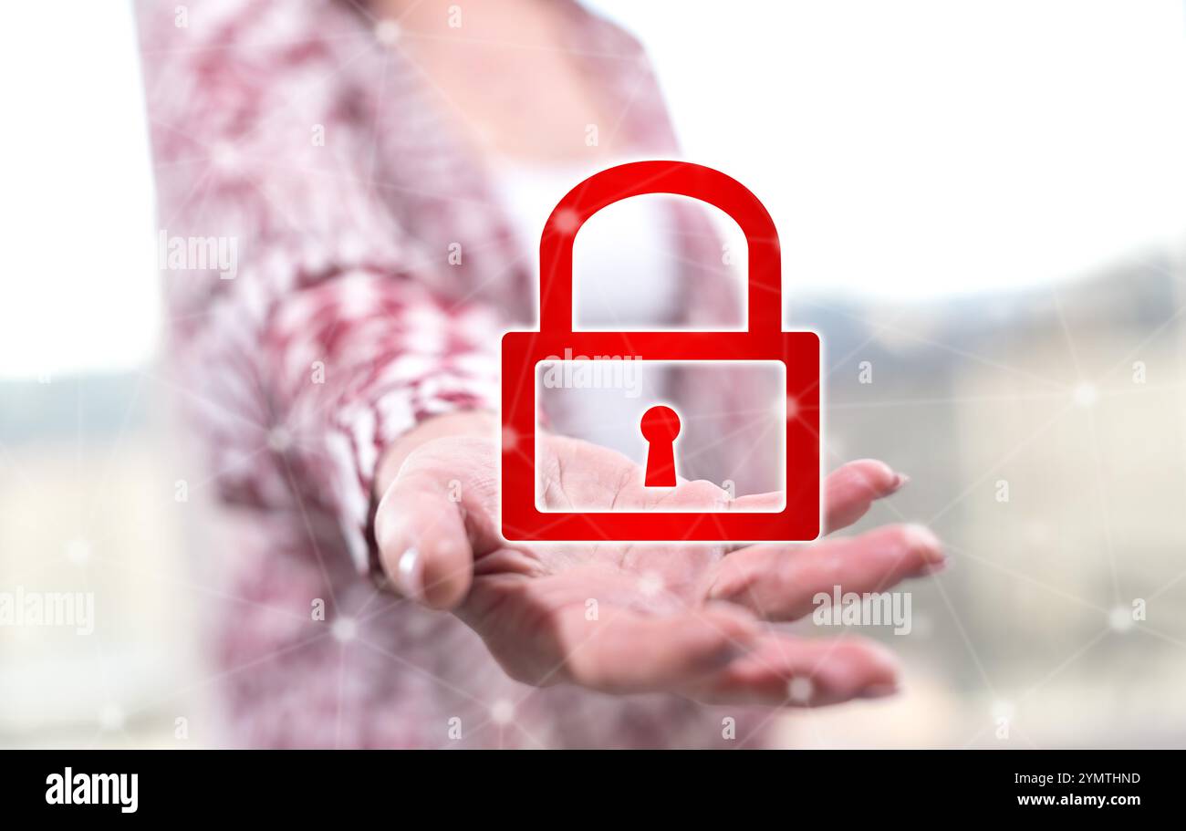 Cyber security concept above the hand of a woman in background Stock ...