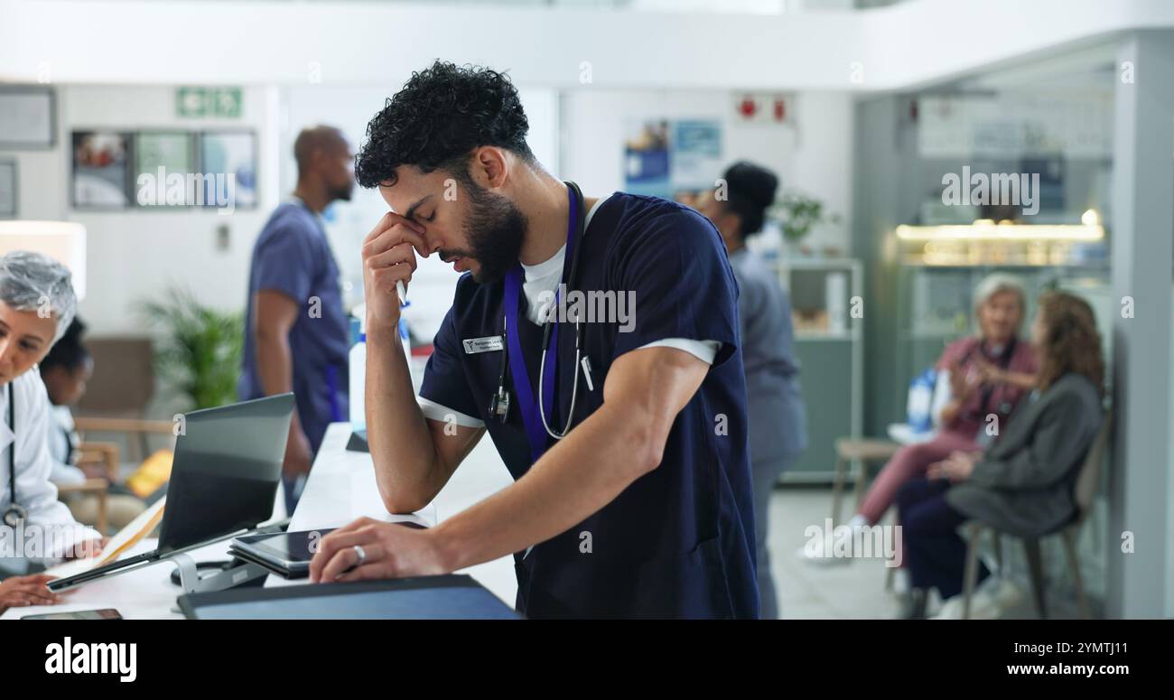 Nurse, headache and man with stress, burnout and fatigue with mental ...